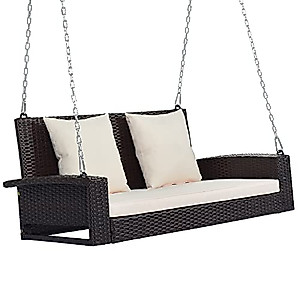 FANYE Outdoor PE Wicker Swing Chains, Pillows for Garden, Backyard, Pond Porch Furniture Set, 2 Seaters Double Rattan Cushioned Conversation Hanging Sofa & Couch, Brown+Beige