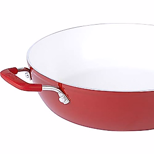 Bialetti Aeternum Nonstick White Ceramic Cookware, 12" Covered Lid Saute Pan, Red & White