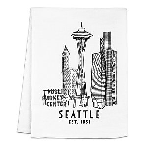 Original Dish Towel, Seattle Skyline Flour Sack Kitchen Towel, Sweet Housewarming Gift, Farmhouse Kitchen Decor, White or Gray (White)