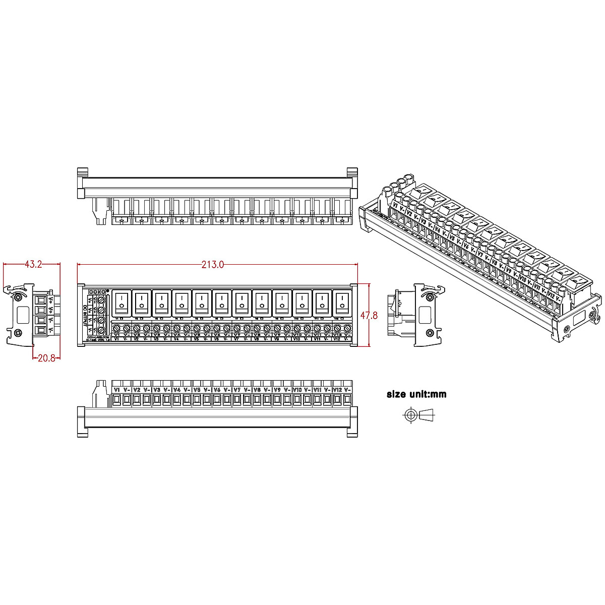DIN Rail Mount 12 Channel Rocker Switch DC Power Distribution Strip Module