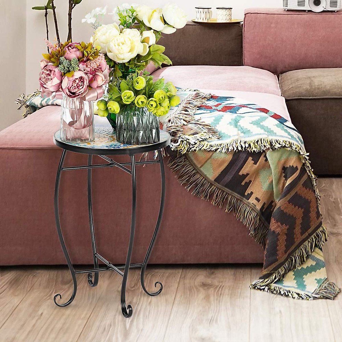 GBNIJ gt5-ly Blue Hawaii Inlaid Stained Glass Sun Mosaic Round Terrace Tavern Table, Suitable for Garden Plant Side Table​​, Any Beach Theme Decoration