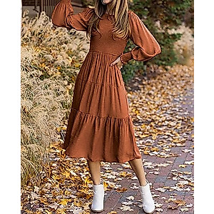 Tobrief Fall Dresses for Women Casual Smocked Beach Long Sleeve Midi Long Dress Rust L