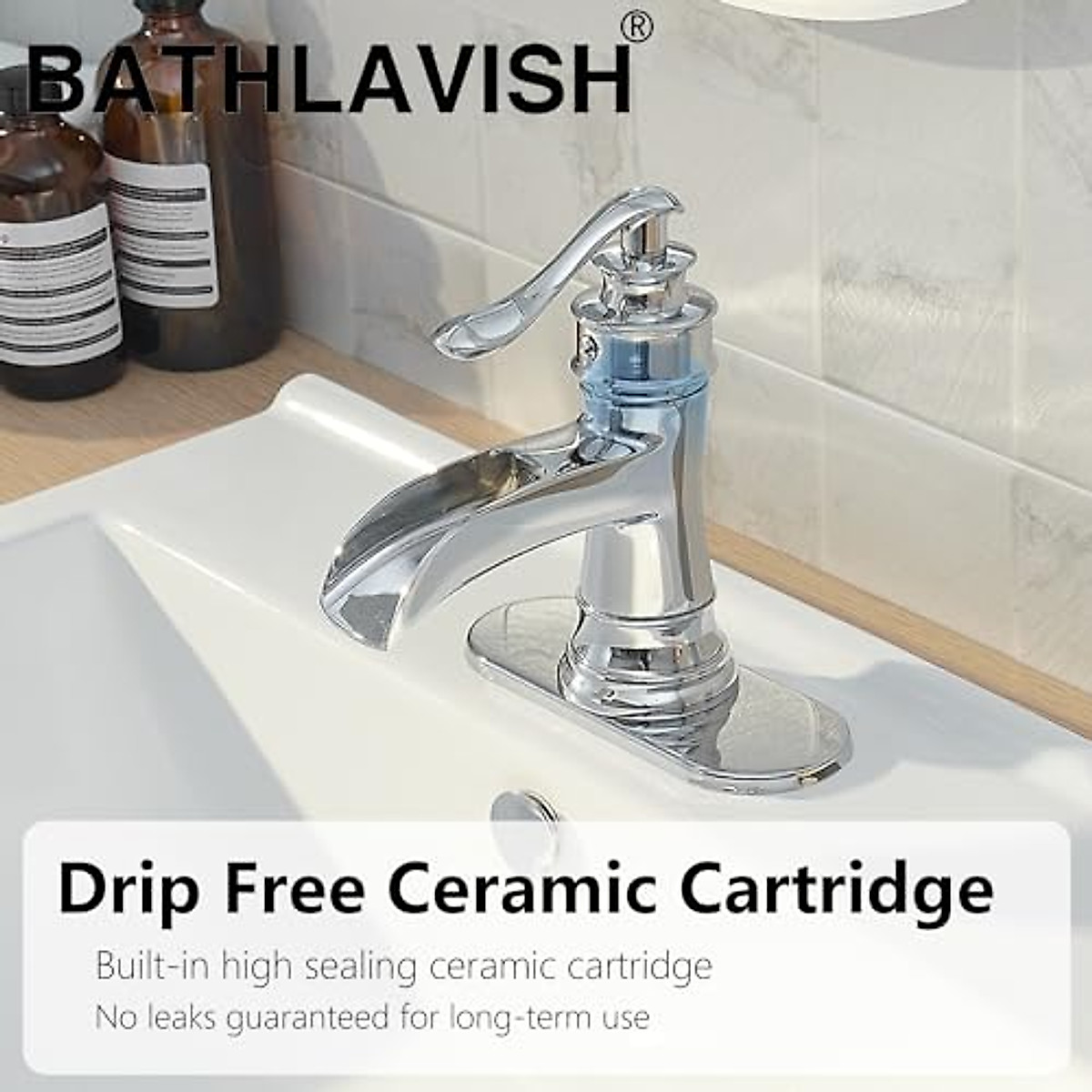 BATHLAVISH Bathroom Sink Faucet Chrome, Waterfall Bathroom Faucet, Single Hole Bathroom Faucet, Farmhouse Single Handle Vanity RV Lavatory with Pop Up Drain with Overflow