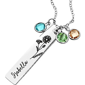 MignonandMignon Silver Custom Birthstone Necklace Birth Flower Name Personalized Gift for Her Bar Name Necklace for Mom Mothers Day Gift Floral Jewelry Handmade Jewelry -8N-FLBS-S