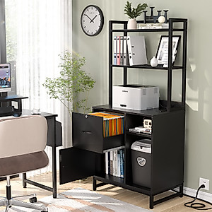 Homieasy Vertical Filing Cabinet with Lock & Charging Station, Large Drawer Wood File Cabinet with Bookshelf, Printer Stand with Open Storage Shelf, fits Letter Size for Home Office, Black