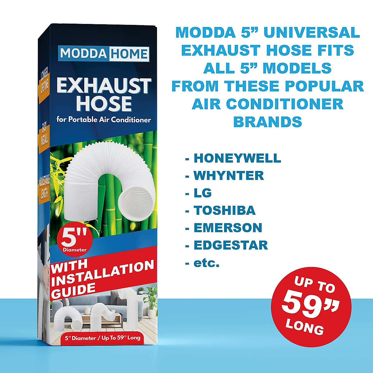 Modda Exhaust Hose for Portable Air Conditioner - 5 Inch Diameter - Universal - Flexible Counter-Clockwise AC Exhaust Hose (59 Inch Length)