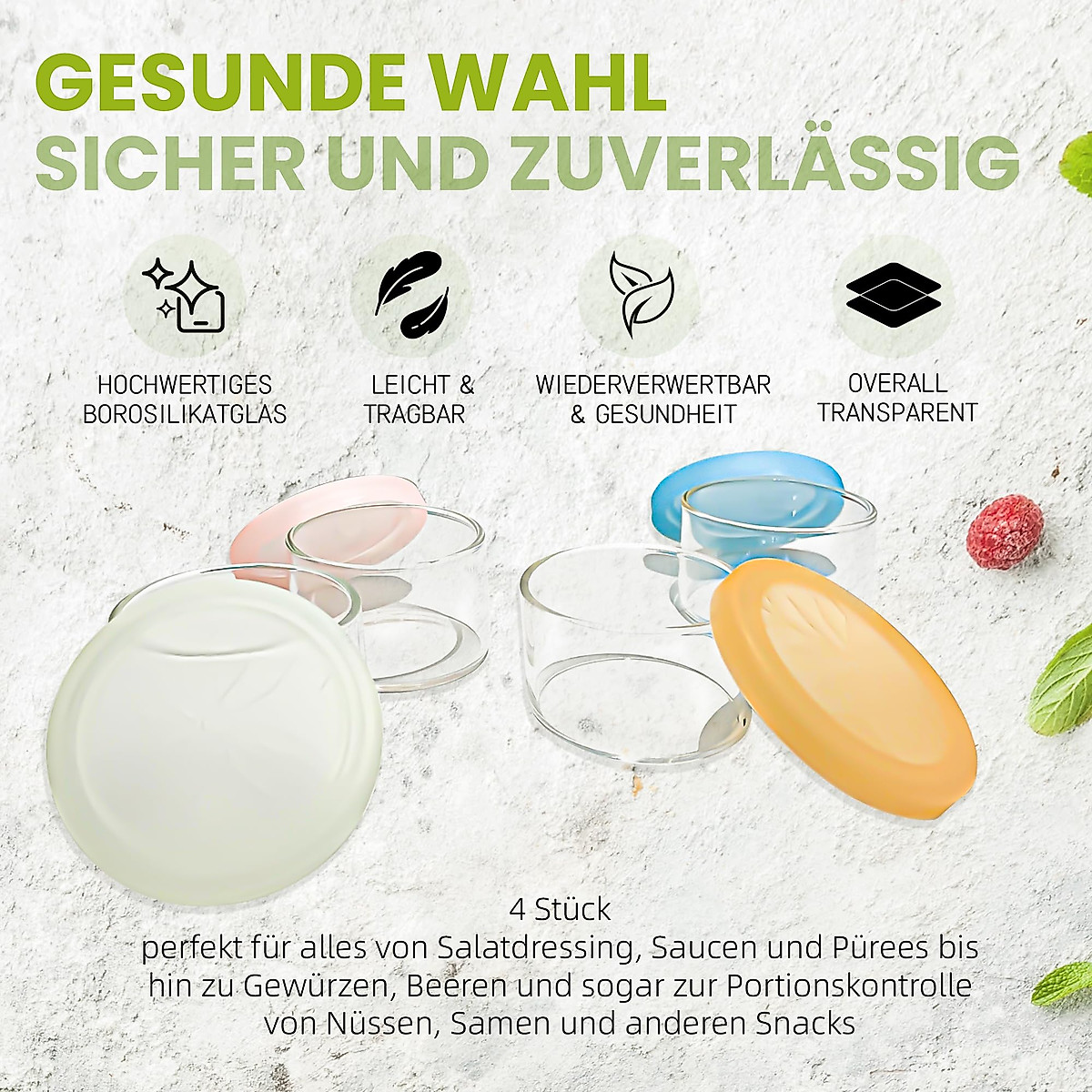 Kieaisy Glass Salad Dressing Container To Go (4 x 1.6oz) Reusable Small Condiment Containers Leakproof Dressing Containers for Lunch Box Suitable for Sauces, Jams, Yogurt, etc