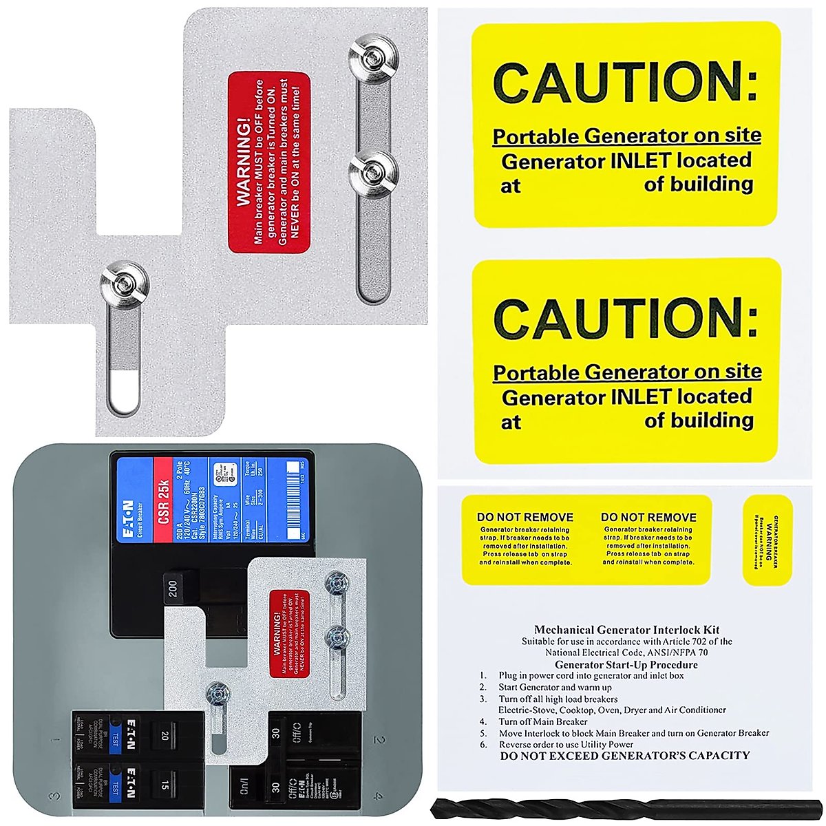 Generator Interlock Kit Compatible with Eaton Cutler Hammer BR SERIES 150 and 200 amp Panels, Generator Horizontal Electrical Interlock Kit, 1 1/4-1 7/16 inches Spacing Between Main and Branch Breaker