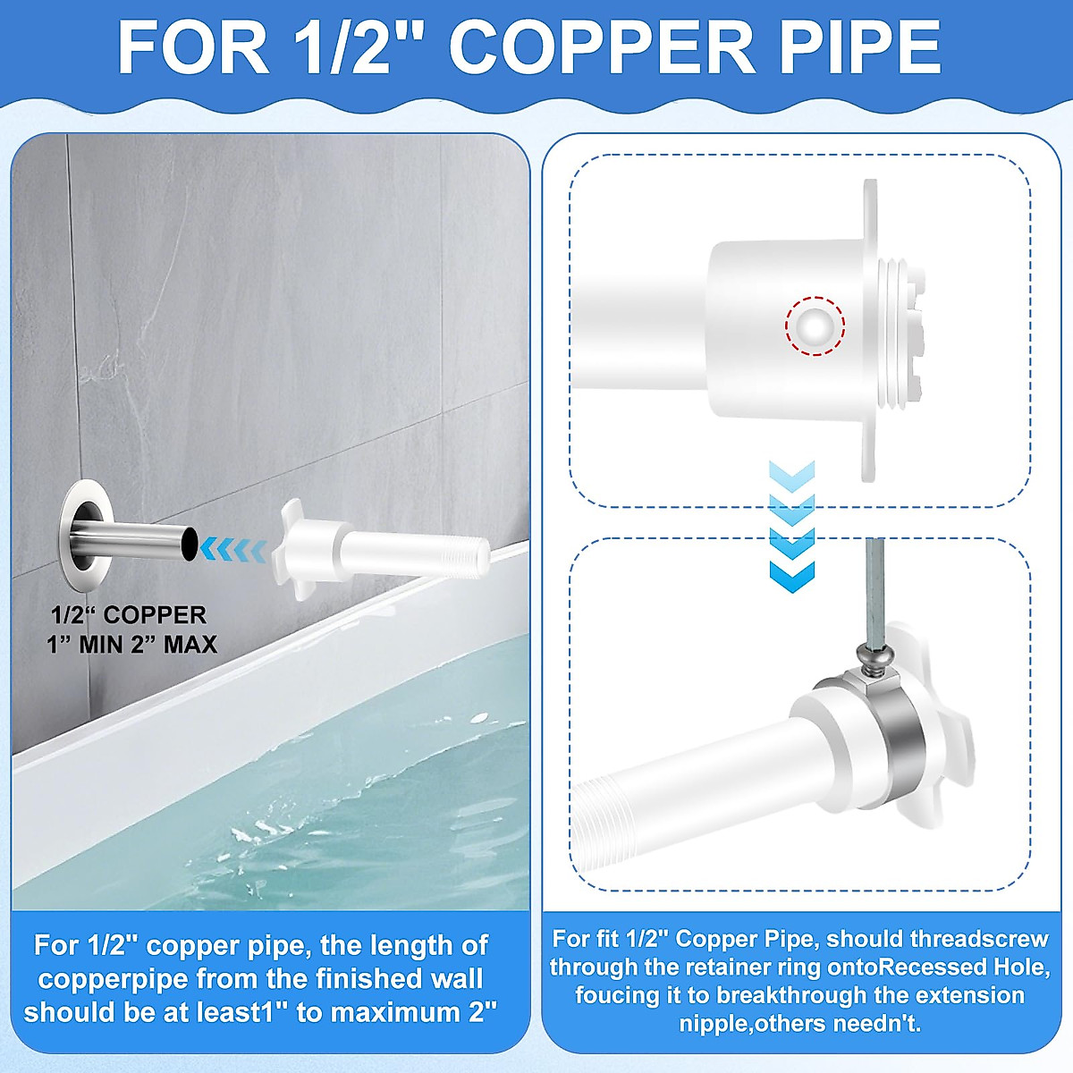 Four in One Tub Spout Adapter, Bathtub Faucet Spout Adapter kit, for Universal 1/2'' Copper Pipe, 1/2'' IPS and 3/4'' IPS, Includes Tub Spout Diverter Repair Kit with Assembly Tool