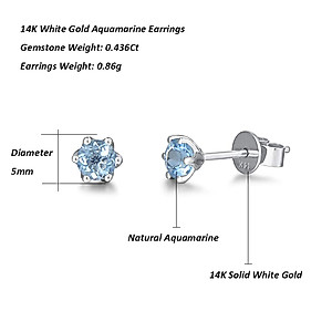 Agvana 14K Solid White Gold Solitaire Tiny 0.44 Carat Aquamarine Stud Earrings for Women March Birthstone Jewelry Anniversary Birthday Gifts for Women Mom Wife Daughter Her