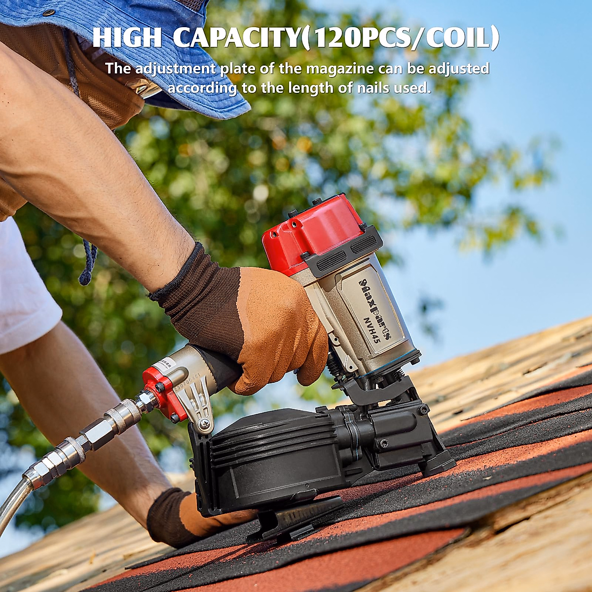 Maxparts NVH45 15 Degree Roofing Coil Nailer for Wooden House Roof Building 7/8-Inch to 1-3/4-Inch Round Head Coil Nails