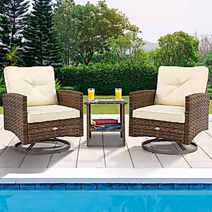 YITAHOME 3-Piece Patio Wicker Swivel Chairs, Outdoor Small Furniture Rocking Coversation Chairs w/Thick Cushions and Table for Garden, Backyard and Balcony (Tan Chairs + Off- White Cushions)
