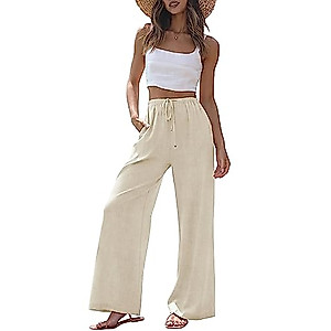 ZESICA Women's Summer Linen Wide Leg Flowy Palazzo Pants Casual High Waisted Loose Trousers with Pockets，Apricot，Large