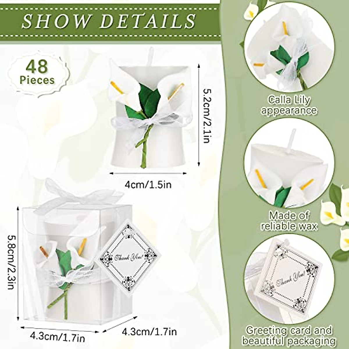 48 Pack Wedding Bridal Shower Favors Candles Wedding Calla Candles Calla Lily Style Candle Gift Boxed with Thanks Cards Return Gifts for Wedding Party Guests Keepsakes