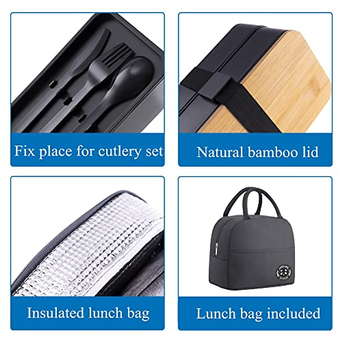 Collect Beauty Stackable Lunch Container with Bamboo Lid Bento Box for Adult with Lunch Bag and Flatware Set Black