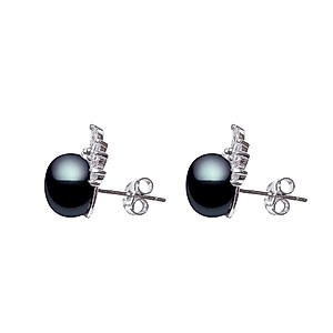 9-9.5mm Black Cultured Freshwater Pearl Earrings AAAA Quality Rhodium Plated Sterling Silver