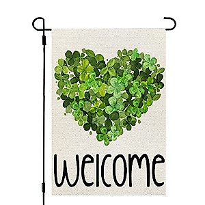 CROWNED BEAUTY St Patricks Day Garden Flag 12x18 Inch Double Sided for Outside Small Burlap Green Shamrocks Clovers Heart Welcome Yard Holiday Decoration CF735-12