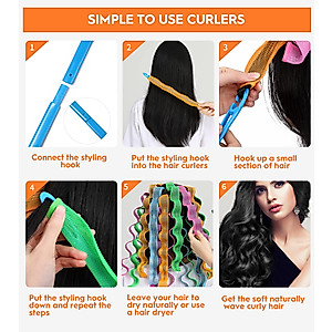 42 Pieces Heatless Waves Hair Curler, No Heat Damage Wavy Hair Curlers with 2 Sets of Styling Hooks, Heatless Curls for Women Girls Medium Short Hair(4 Colors,25cm/ 9.9")