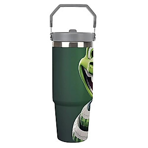 RTFGHJS Cartoon Snake Green 30 Oz Tumbler with Handle And Flip Straw, Stainless Steel Vacuum Insulated Travel Mug, Thermal Cup for Coffee, Water, Iced Drinks, Fits Car Cup Holders (Home, Sports)