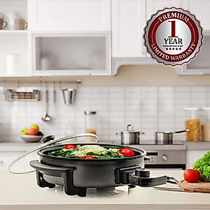 OVENTE Electric Skillet and Frying Pan, 12 Inch Round Cooker with Nonstick Coating, 1400W Power, Adjustable Temperature Control, Tempered Glass Lid with Vent and Cool Touch Handles, Black SK11112B