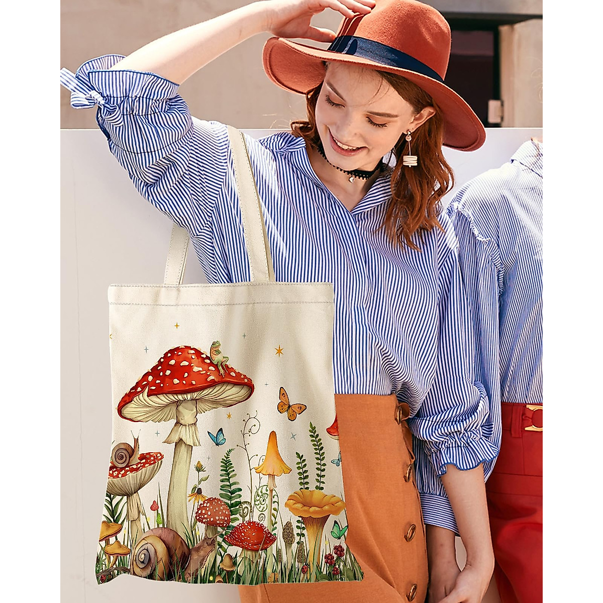 Miss Adola Aesthetic Canvas Tote Bag with Inner Pocket for Women Unique Funny Pattern Design Casual Sturdy Cloth Cotton Totes Bag with Pattern for Vacation, Shopping, Work, Gym - Mushroom Forest
