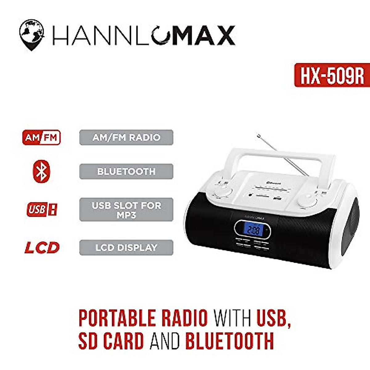 HANNLOMAX HX-509R Portable AM/FM Radio, Bluetooth, USB/SD Slot for MP3 Playback, Aux-in, AC/DC Dual Power Source. (White)