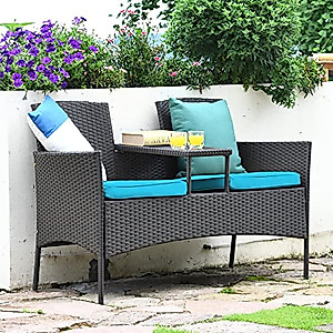 Tangkula Outdoor Rattan Loveseat, Patio Conversation Set with Cushions & Table, Modern Patio Furniture Set Wicker Sofa Set with Built-in Coffee Table, Rattan Sofas for Garden Lawn Backyard
