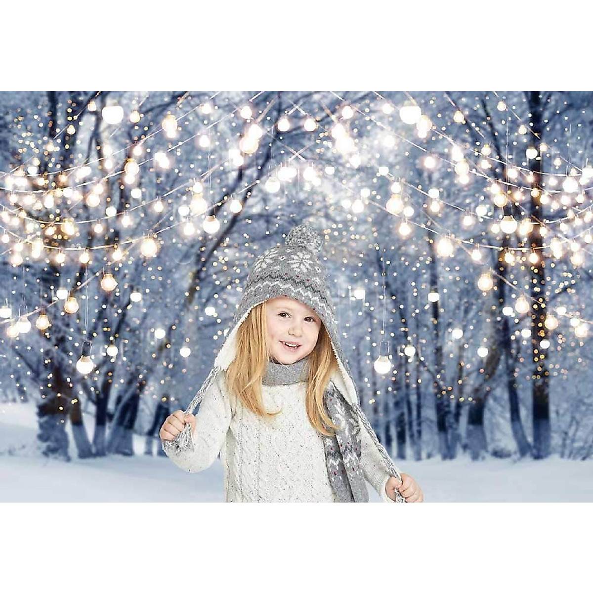 Funnytree 7x5ft Winter Scene Backdrop Wonderland Snowflake Photography Background Bokeh Glitter White Snow Forest Christmas Party Decoration Tree Landscape Kids Portrait Photobooth Photo Studio Props