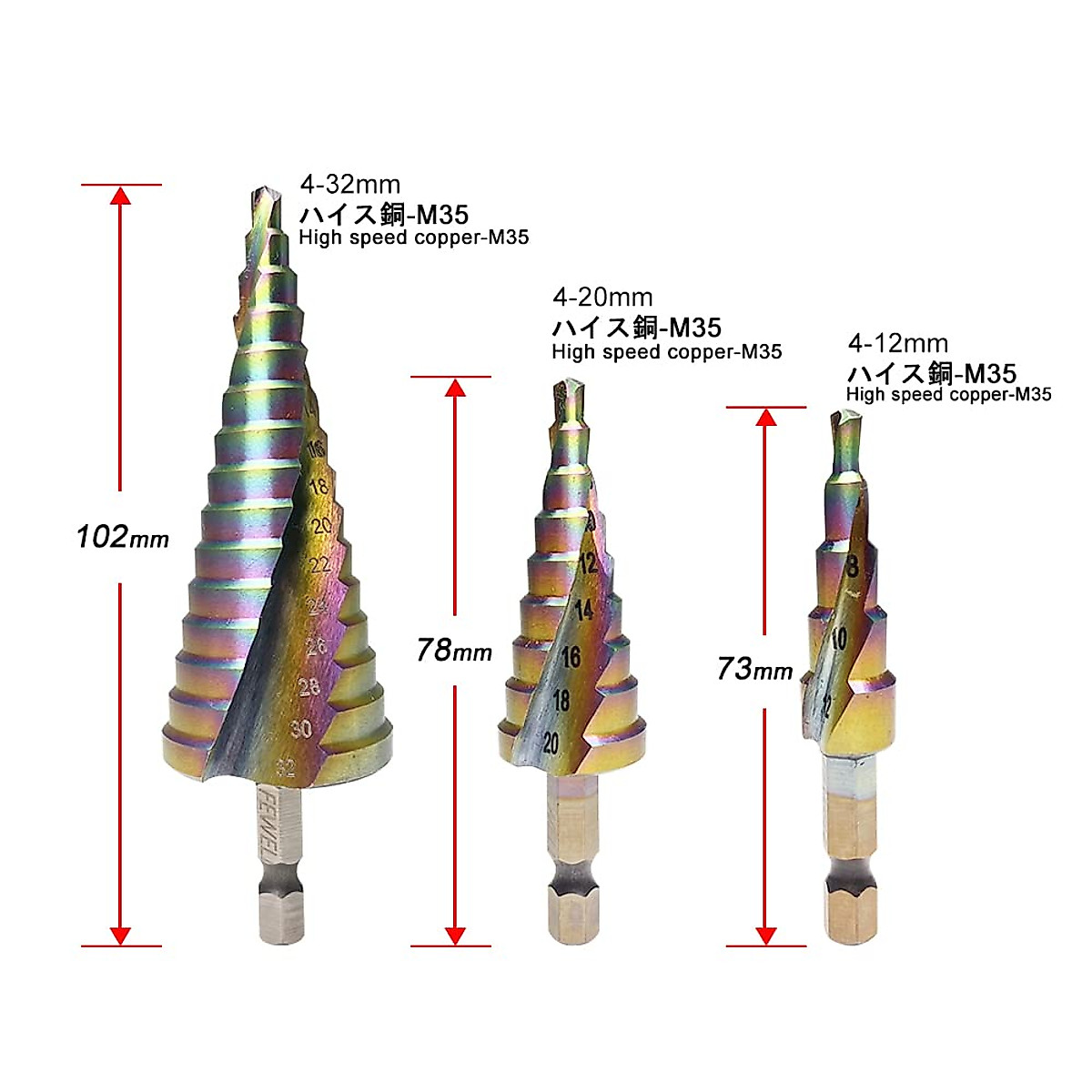 FEWELL M35 Titanium Step Drill Bits 3 Pieces,Spiral Flute Step Bit（4mm—12/20/32mm),Hex Shank Unibit for Metal, Wood, Stainless Steel, Plastic（29 Size）