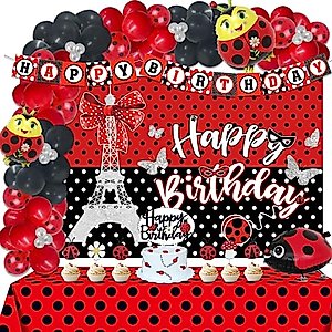 103 PCs Ladybug Birthday Party Decorations, Fiesec Ladybug Party Supplies Backdrop Balloon Garland Banner Tablecloth Cake Cupcake Topper Walking Balloon Polka Dots Red Black