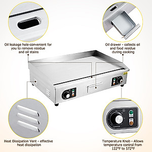 Takywep 30Inch Electric Griddle，Commercial Electric Countertop Grill, Non-Stick Electric Grill Plate (With Plug), Adjustable Temperature Control 122°F-572°F, 1600W/110V