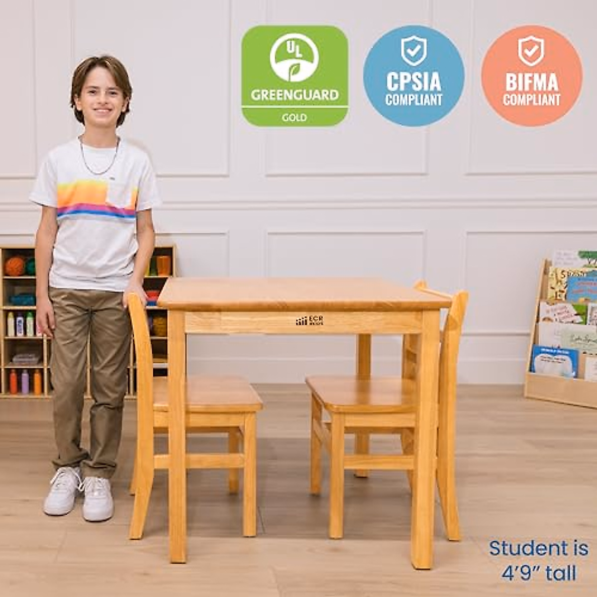 ECR4Kids 30in x 30in Square Hardwood Table with 28in Legs and Two 16in Chairs, Kids Furniture, Honey