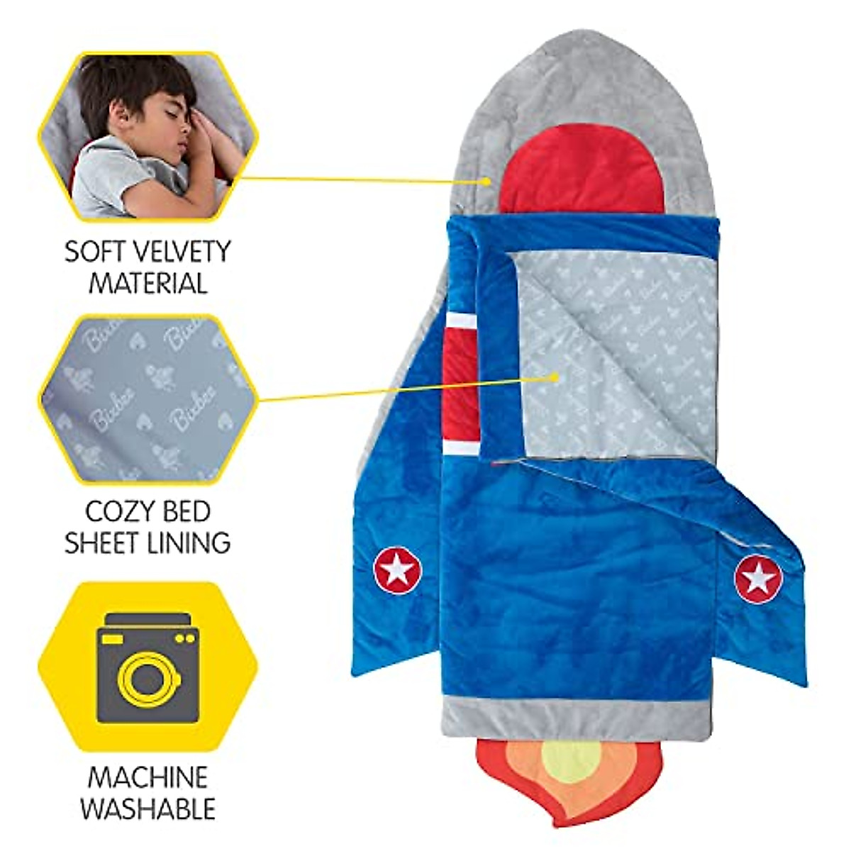 Bixbee Kids Sleeping Bag, Soft Sleepy Sack for Kids & Toddlers | Easy Roll Up Design for School, Daycare + Naptime, 60 x 22 Inches | Cozy Slumber Bag with Lining | Rocket Sleeping Bag for Boys + Girls