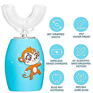 Sunartec Kids Musical U Shaped Toothbrush, Ultrasonic Electric Toothbrushes for Kids 2 Brushing Modes and 1 Gums Care 360° Sonic Toothbrushes for Child 4 Brushheads (Purple and Blue Random)