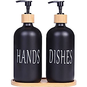 Glass Kitchen Soap Dispenser Set, Both Glass Soap Dispensers Equipped with Pumps& Bamboo Tray (Matte Black + Old Style Charactor)
