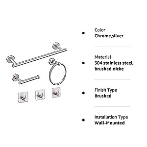 GERUSEA 6 PCS Bathroom Hardware Set, Brushed Nickel Towel Bar, Stainless Steel Towel Rack Wall Mounted Bathroom Accessories Set, 16'' Hand Towel Rod, Toilet Paper Holders, Towel Ring, 3 Towel Hooks