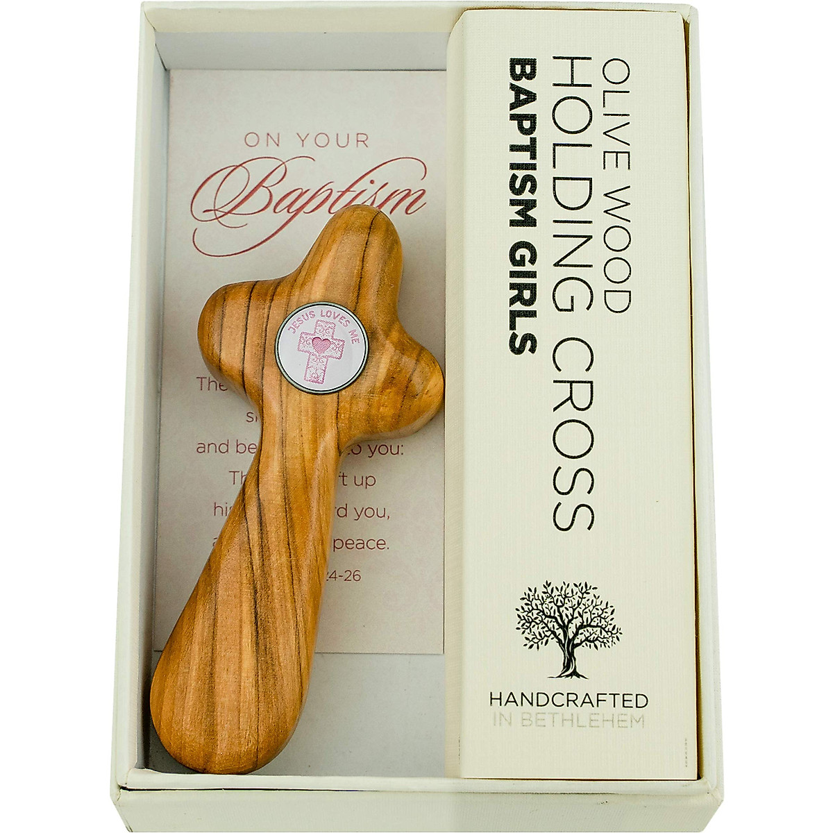 Logos Trading Post Girls Baptism Cross, Holy Land Olive Wood Deluxe Holding Cross from Israel, Wooden Baptismal Ceremony Keepsake Gift in Hard Shell Gift Box with Certificate of Authenticity