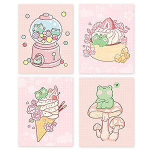 Kawaii Frog Wall Art - Set of 4 Posters - Pink Japanese Aesthetic Room Decor - Anime Cottagecore Drawing Posters - 8x10 - Unframed
