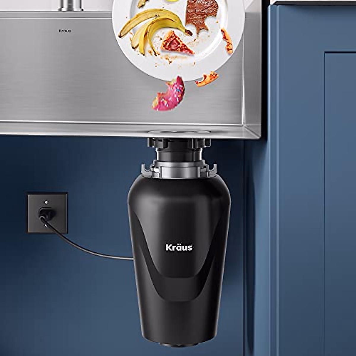 Kraus KWD100-75MBL WasteGuard Continuous Feed Garbage Disposal with 3/4 Horsepower Ultra-Quiet Motor for Kitchen Sinks with Power Cord and Flange Included, 15.25 inch, Black