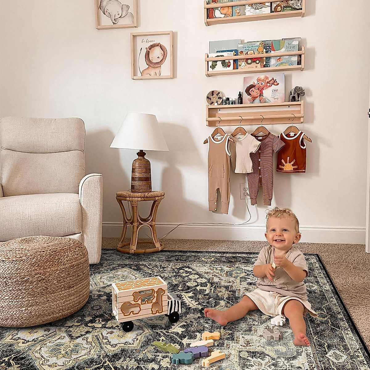 TOPRUUG Washable Oriental Area Rug - 9x12 Rugs for Living Room Soft Carpet for Bedroom Waterproof Floral Distressed Indoor Stain Resistant Non-Shedding Floor Carpets (Black/Grey, 9x12)