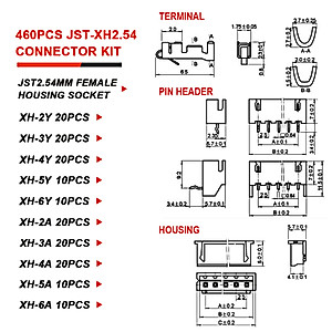 460PCS JST XH2.54 Connector kit 2/3/4/5/6Pin Plug with Terminal Wires Cables Socket Header Wire Connectors Kit