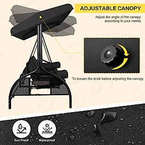 FKLUG 3-Seat Outdoor Porch Swing,2-in-1 Convertible Patio Swing Bed,Outdoor Patio Swing Chair w/Cushions,Pillows,Side Tray and Adjustable Canopy for Outside,Porch,Backyard,Garden(Black)