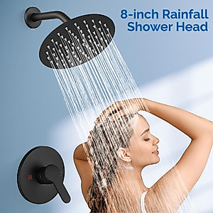 Airuida Matte Black Single Function Shower Trim Kit Shower Faucet Set Wall Mount 8 Inch Round Rainfall Shower Head and Handle Set Single Handle Shower System Set with Female Threads Rough-in Valve