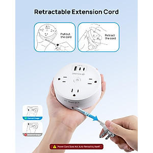 TROND Travel Power Strip - Retractable Extension Cord 5ft Ultra Thin Flat Plug, Retractable Power Strip with 3 AC Outlets 3 USB Ports (2 USB C), Cruise Ship Essentials, for Home Hotel Dorm Room, White
