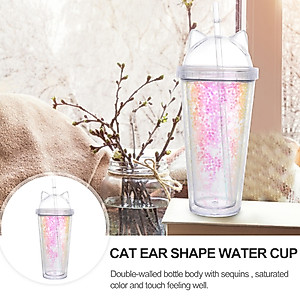 Tumbler Cup Water Bottles with Straw Dome Cups Reusable Cat Ear Bottle Double Walled Cup Water Cup Fashion Portable Glitter Straw Cup Sequin Cup Insulated Travel Coffee Mug Clear Water Bottles