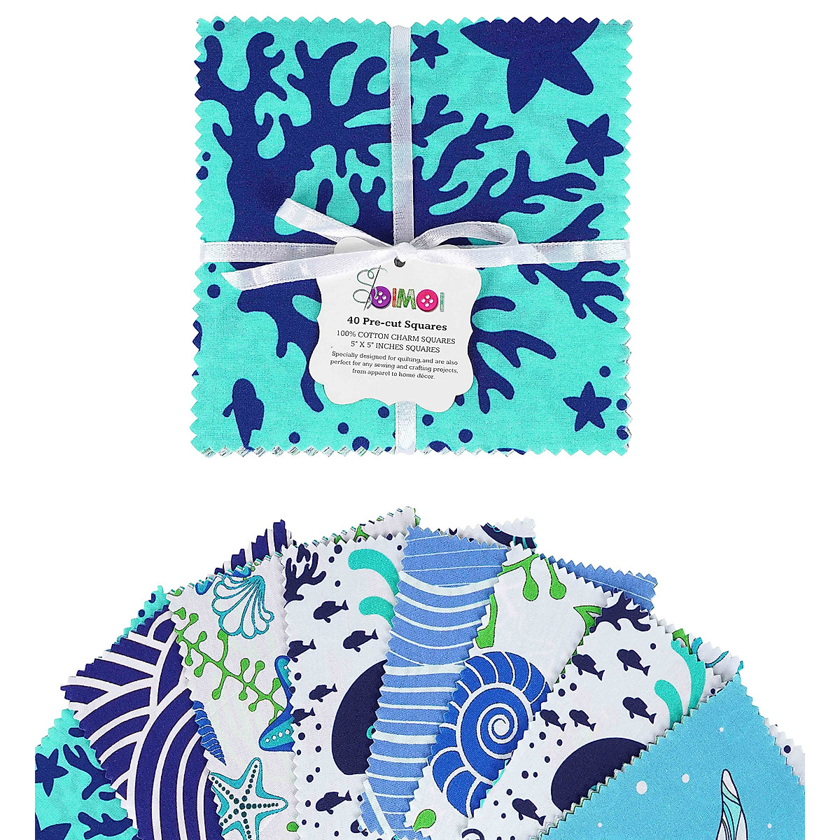 Soimoi Beach Ocean Print Precut 5-inch Cotton Fabric Quilting Squares Charm Pack DIY Patchwork Sewing Craft- Blue