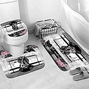 4PCSAfrican American Shower Curtain Sets with 12 Hooks Waterproof Polyester Bathroom Sets with Rugs and Accessories-Bath Mat,Toilet Lid Cover,U-Shaped Mat,Black Girl Shower Curtain for Bathroom