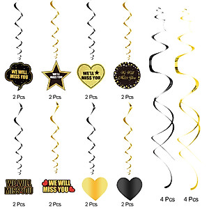Lnlofen We Will Miss You Hanging Swirls Going Away Party Decorations, 24pcs Black Gold Farewell Party Hanging Swirl Decor Supplies, Great for Good Bye Party Retirement Office Work Party