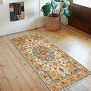 Boho Area Rug, 2' x 4' Machine Washable Rugs for Entryway Faux Wool Small Rugs Distressed Throw Rug Non-Slip Floor Carpet for Indoor Bedroom Kitchen Living Room