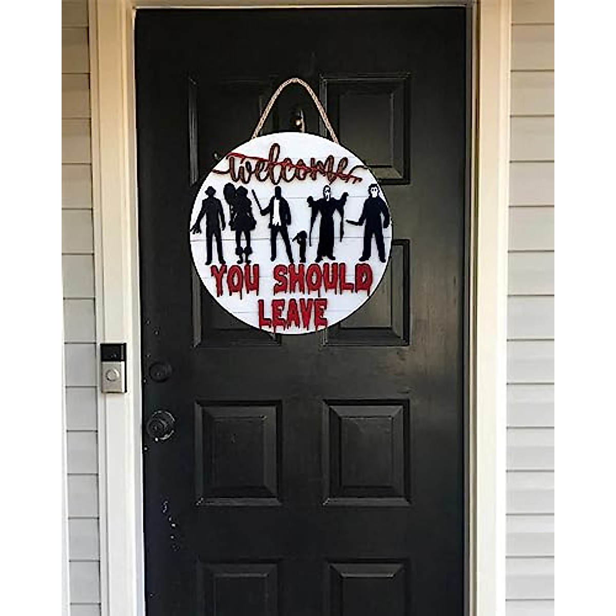 3D Horror Welcome Sign for Front Door Halloween Horror Classic Movie Character Welcome Wooden Door Sign Hanging Decoration,Halloween Wreath for Home Party Indoor Outdoor Porch Wall Decor